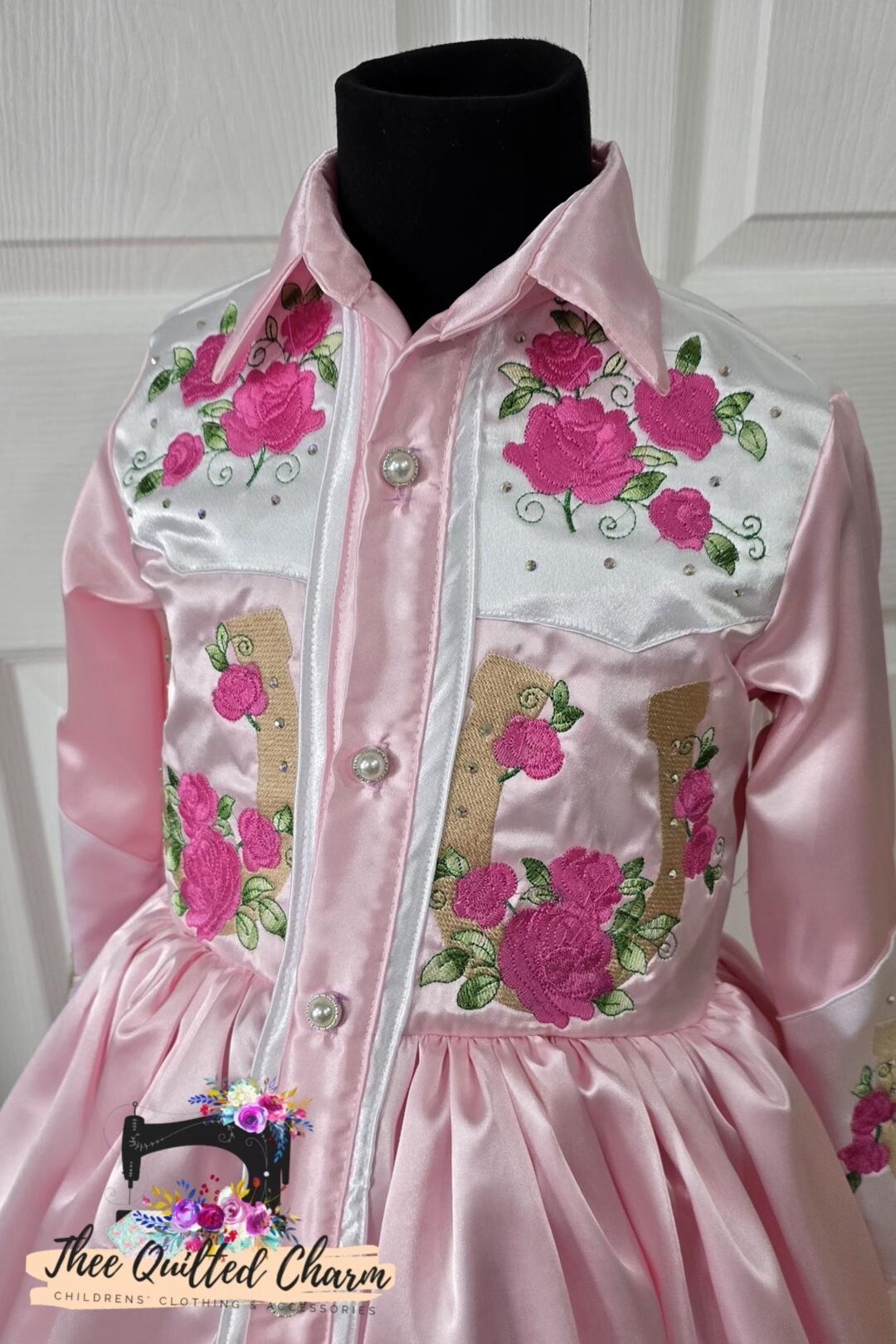 Girls Pink Satin Western Show Dress: Floral Embroidery - Etsy