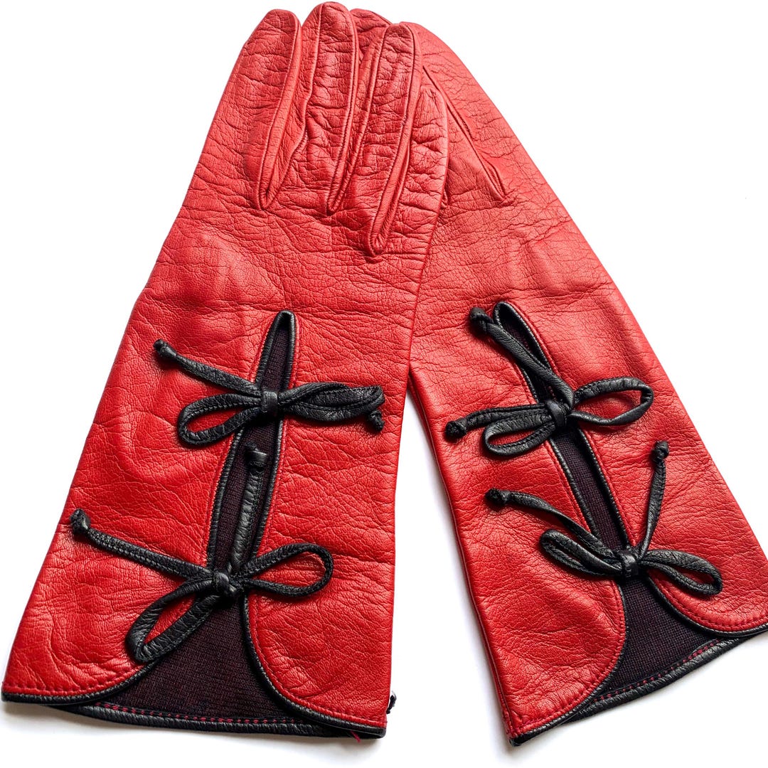 Vintage Ladies Unique Designer GLOVES Red and Black Leather, Made in ...