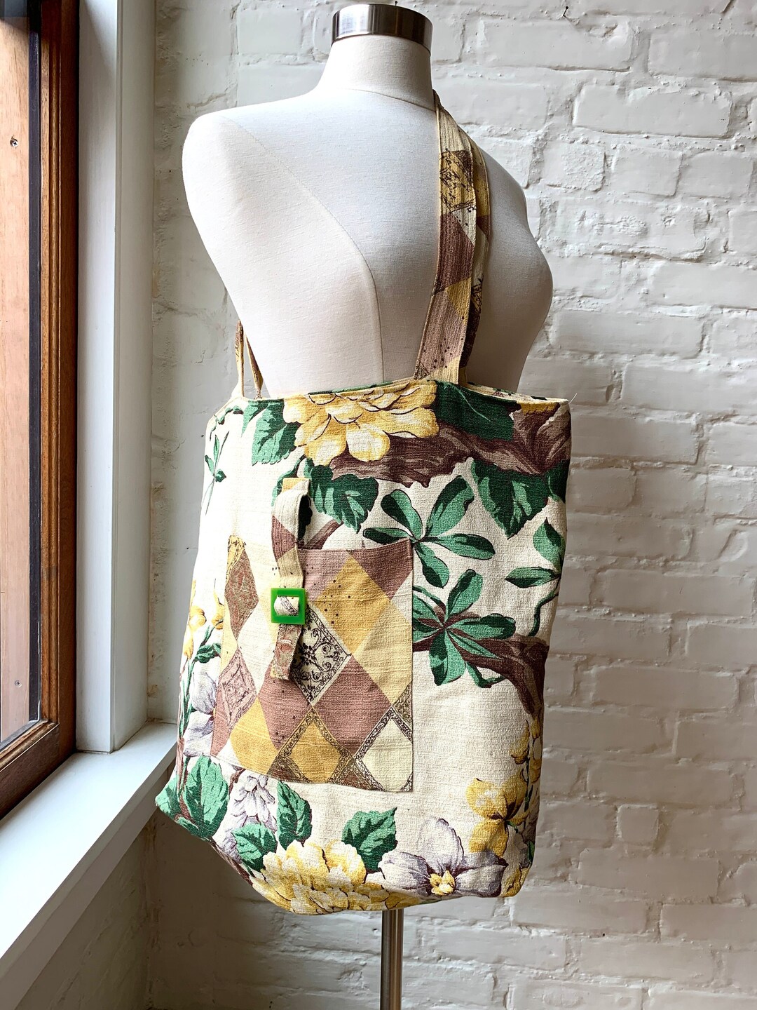 Vintage Barkcloth TOTE BAG/ 1950s Barkcloth Fabric Bag/ Yellow +green ...