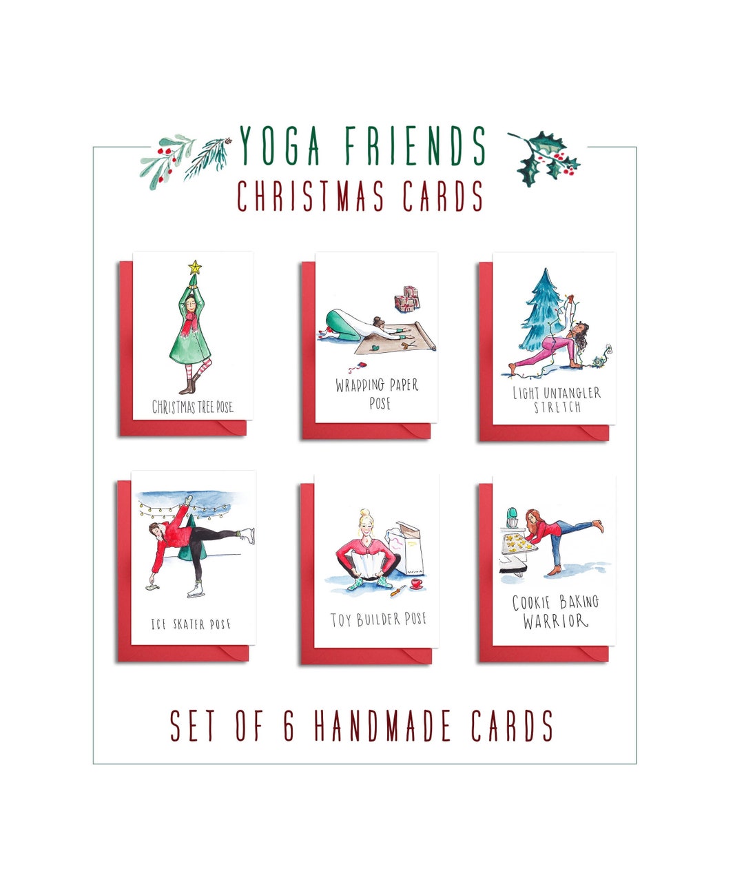 Yoga Themed Christmas Cards, Set of 6 Christmas Cards, Christmas Yoga ...