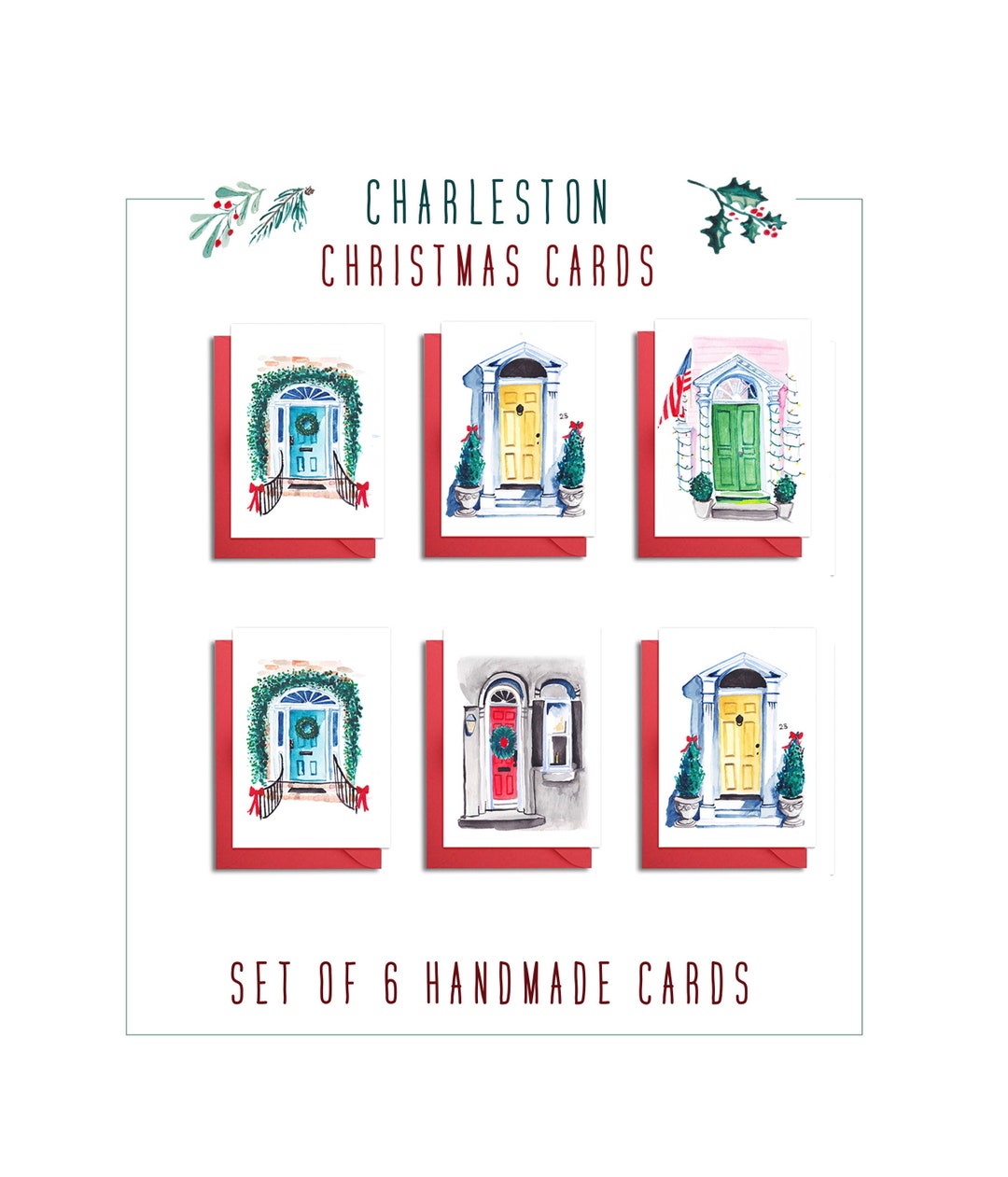 Set of 6 Charleston Inspired Christmas Cards, Front Door Holiday Cards ...