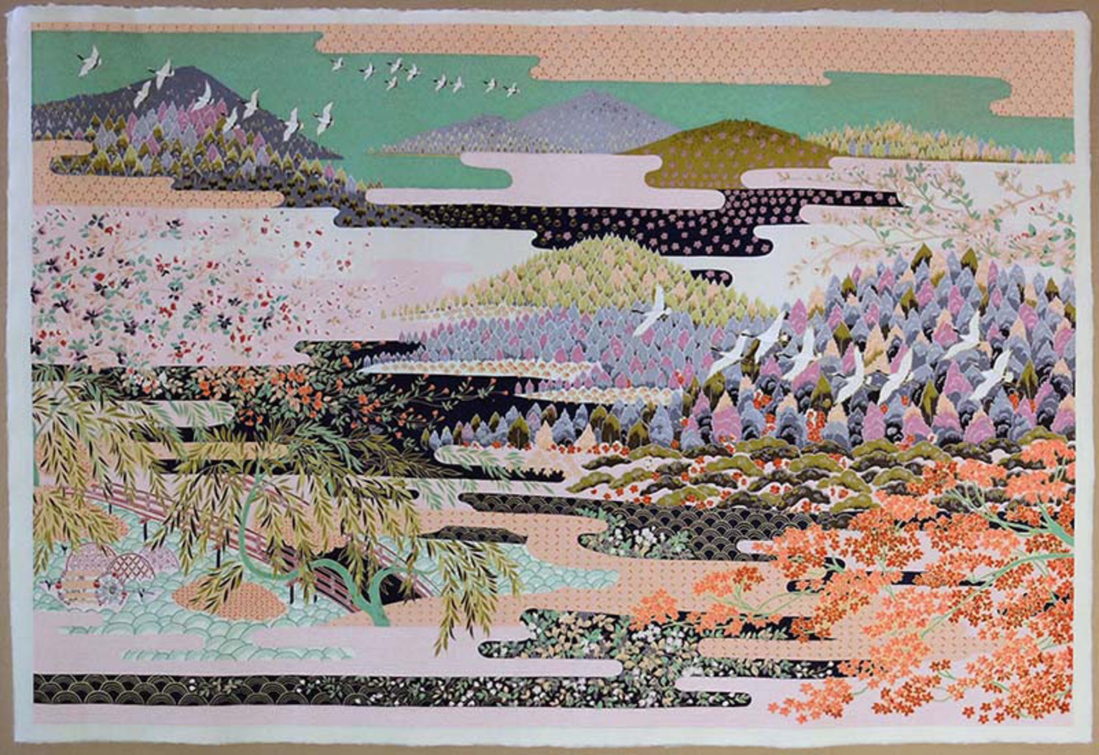Japanese Print - Hand Silk Screen Printed Sogara Yuzen - 95 Cm Wide 63 ...