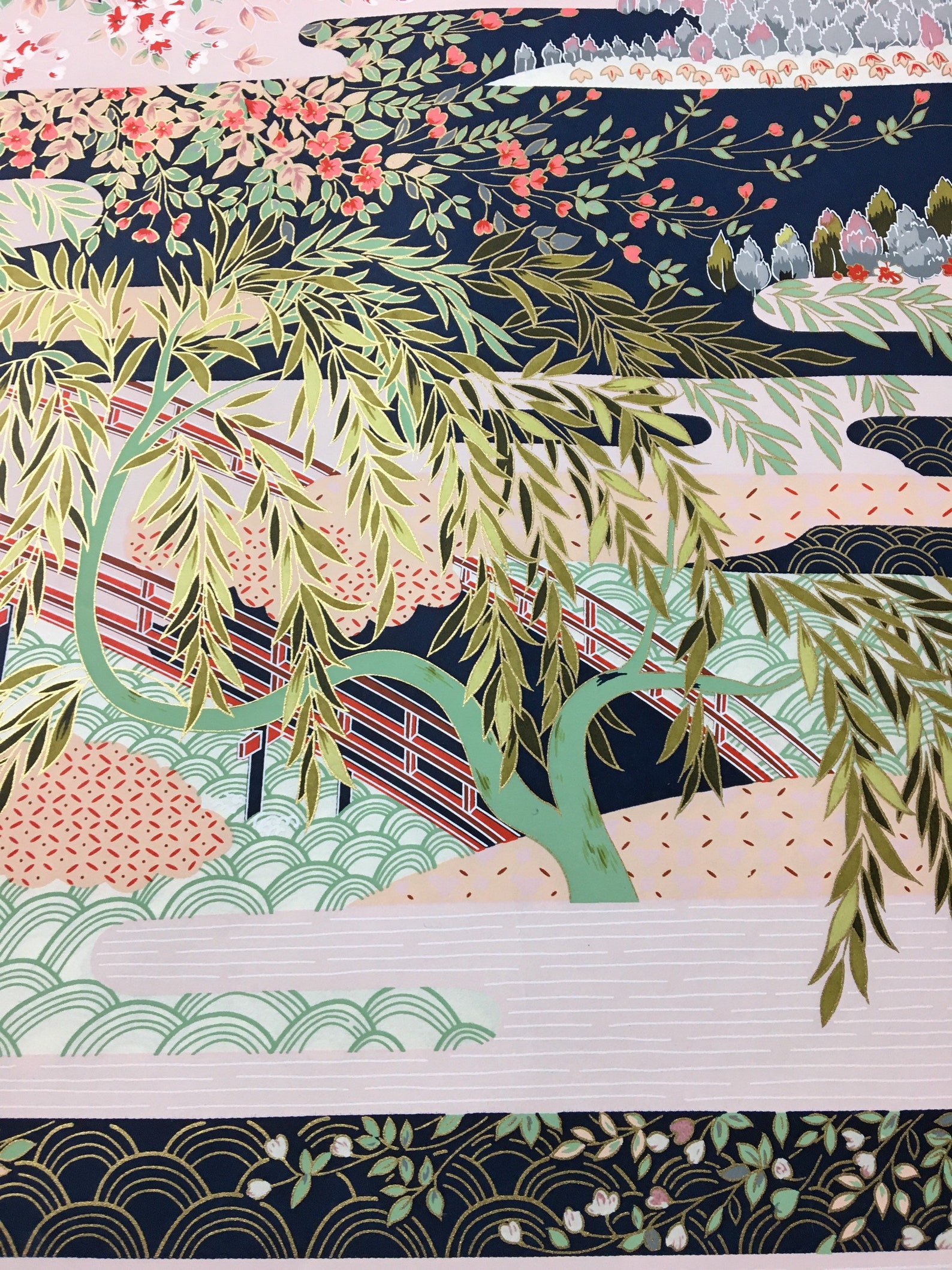 Japanese Print - Hand Silk Screen Printed Sogara Yuzen - 95 Cm Wide 63 ...
