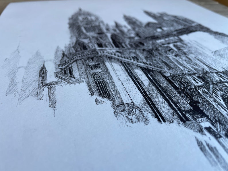Into a Gothic City Original Pen and Ink Drawing of a Gothic Cathedral ...
