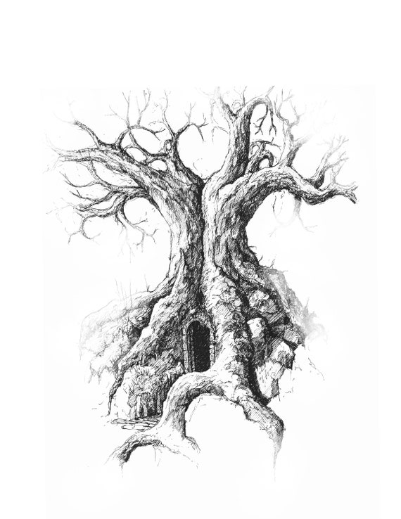 Twisted Tree Drawing With Skulls
