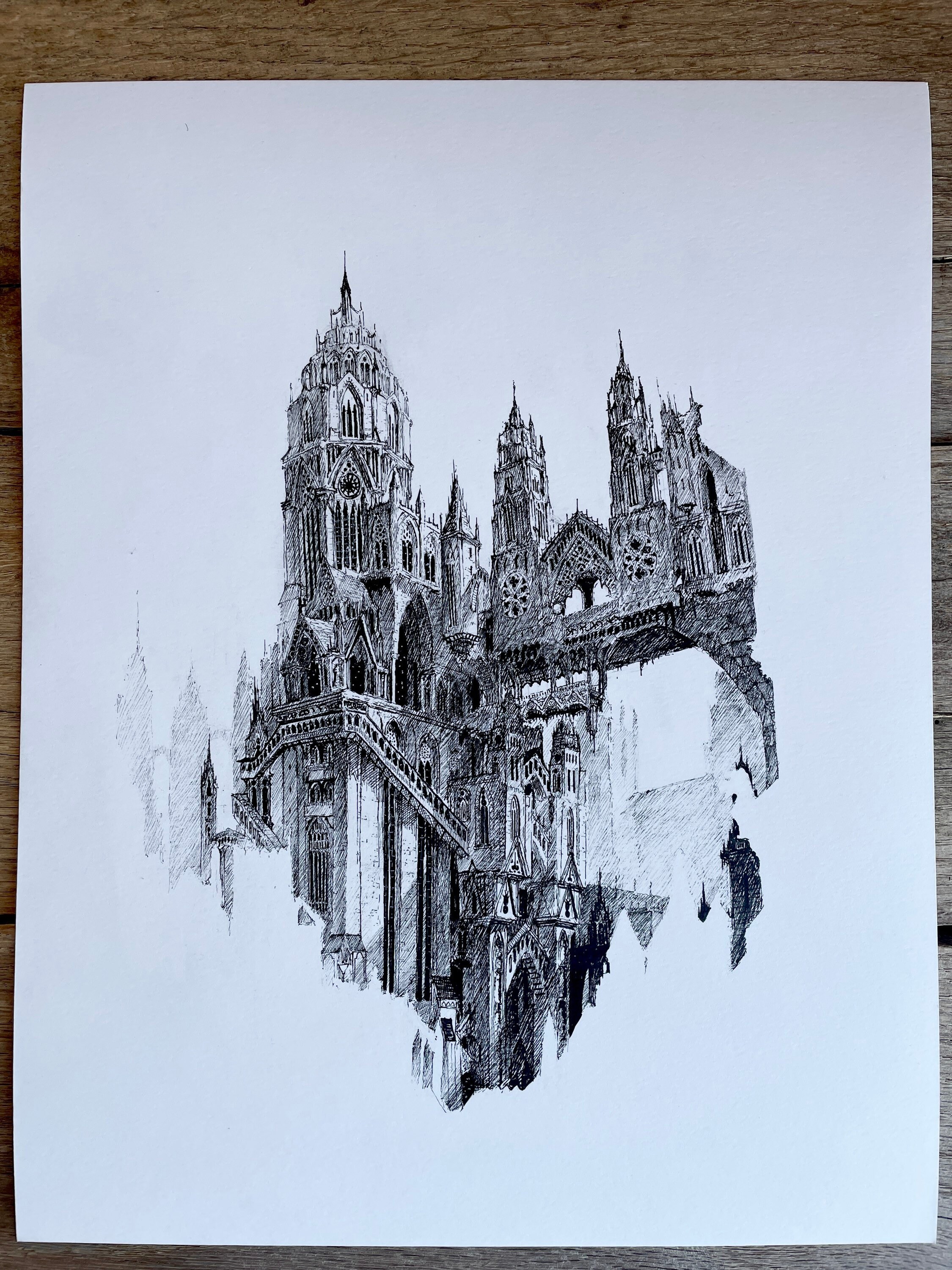 Into a Gothic City Original Pen and Ink Drawing of a Gothic Cathedral ...