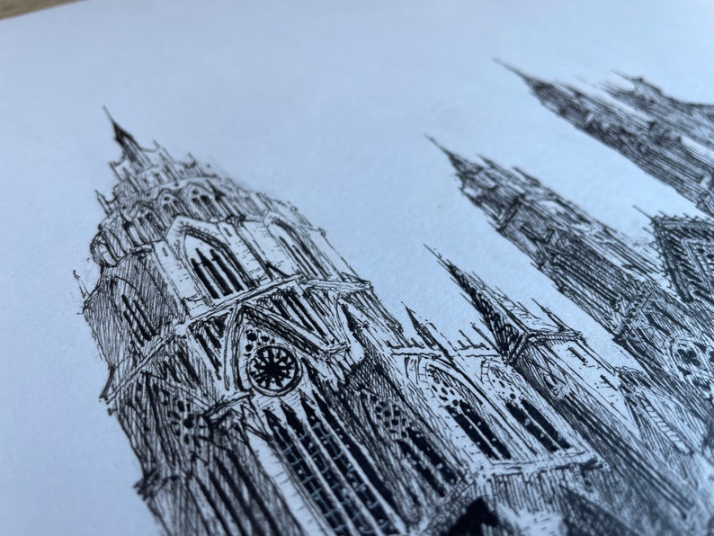 Into a Gothic City Original Pen and Ink Drawing of a Gothic Cathedral ...