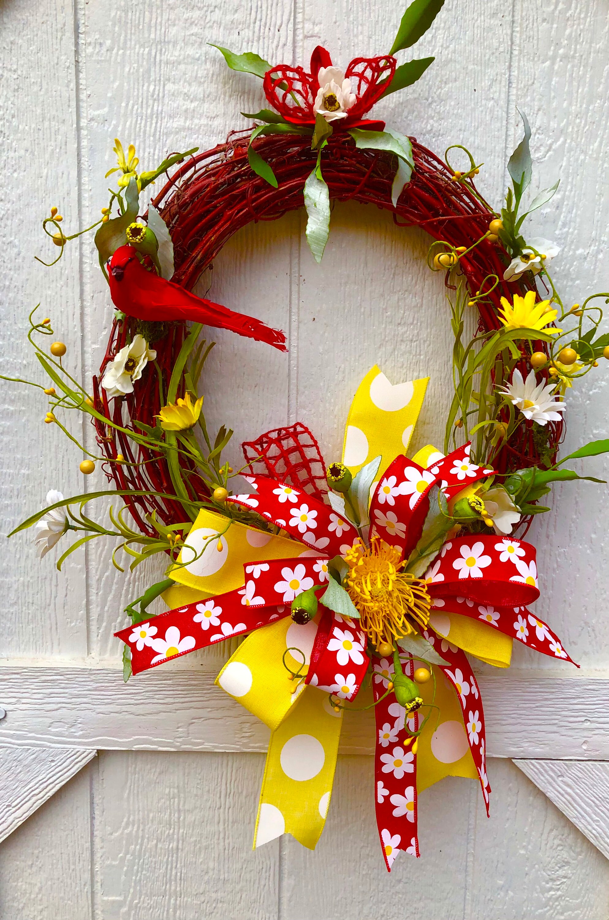 everyday wreath Yellow red wreath cardinal decor Redbird design front ...