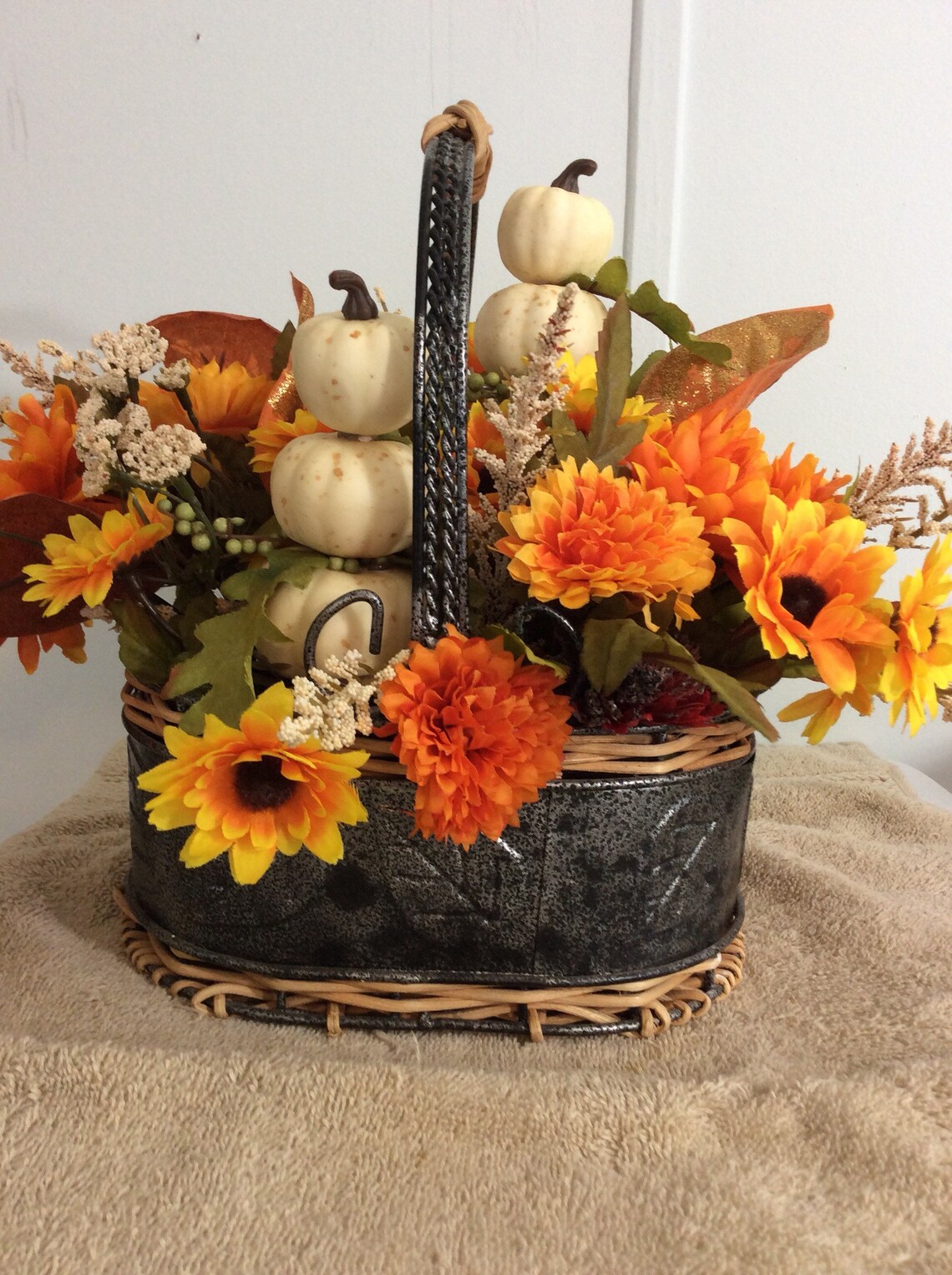Fall Silk Arrangement in Metal & Wicker Basket Table Arrangement - Etsy