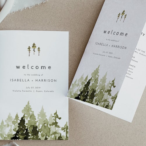 Winter Pine Wedding Program Template Printable Evergreen | Etsy