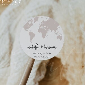 QUINN Blush World Map Round Sticker Template, Destination Wedding Favor ...