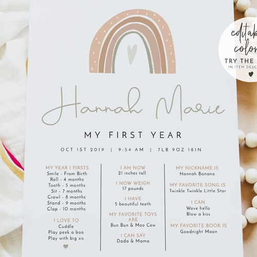 Rainbow First Birthday Milestone Poster Board Template - Etsy