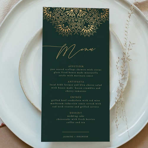 JASMINE Emerald Green Wedding Menu Template Gold Mandala Menu - Etsy