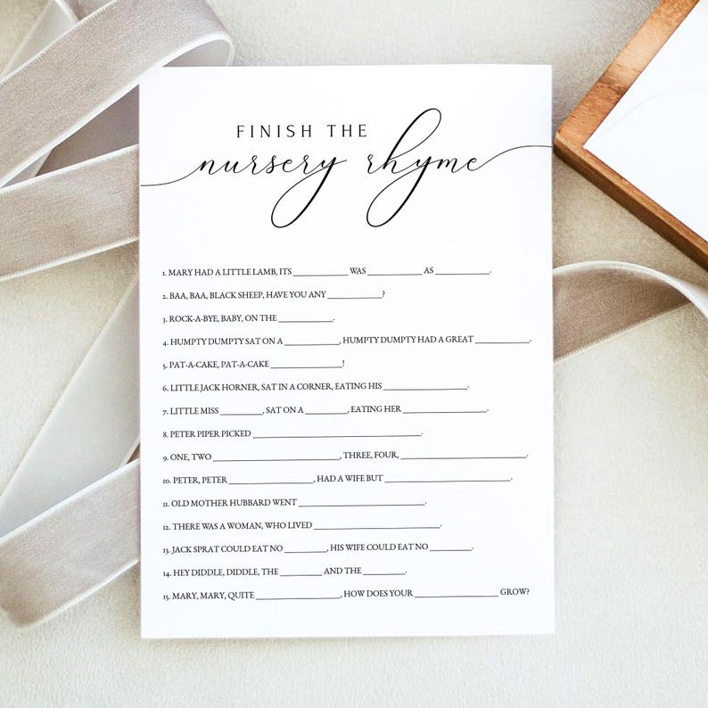 ASHER PRINTED + SHIPPED Finish the Nursery Rhyme Baby Shower Game Cards ...