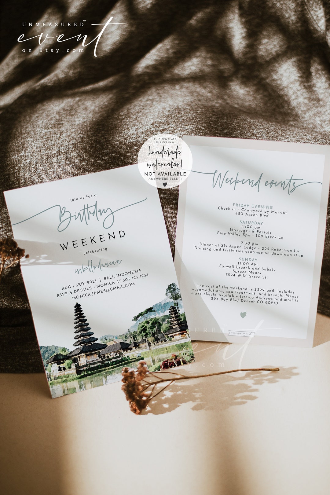 BALI Birthday Invitation & Itinerary Template, Watercolor Bali Skyline ...