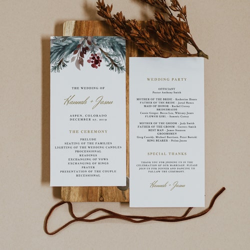 Winter Pine Wedding Program Template Printable Evergreen - Etsy