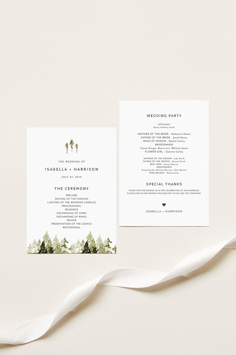 JENNA Pine Wedding Program Template Pine Tree Program for - Etsy