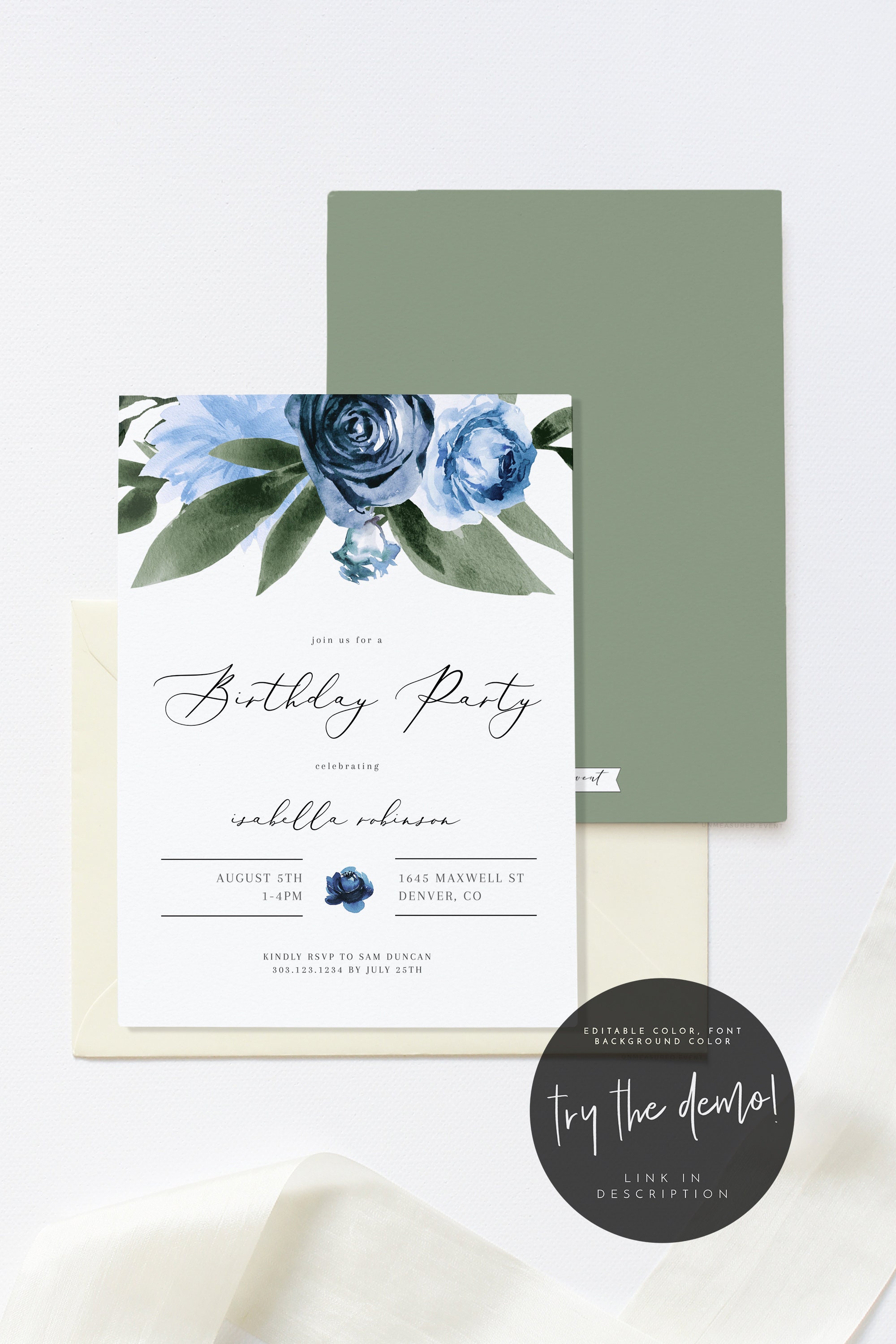 MILENA Birthday Invitation Template Dusty Blue Birthday | Etsy