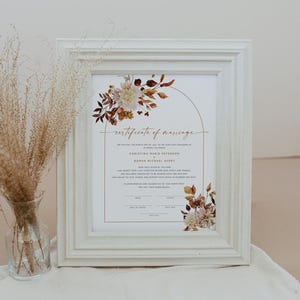 Boho Marriage Certificate Template, Fall Wedding Marriage Certificate ...