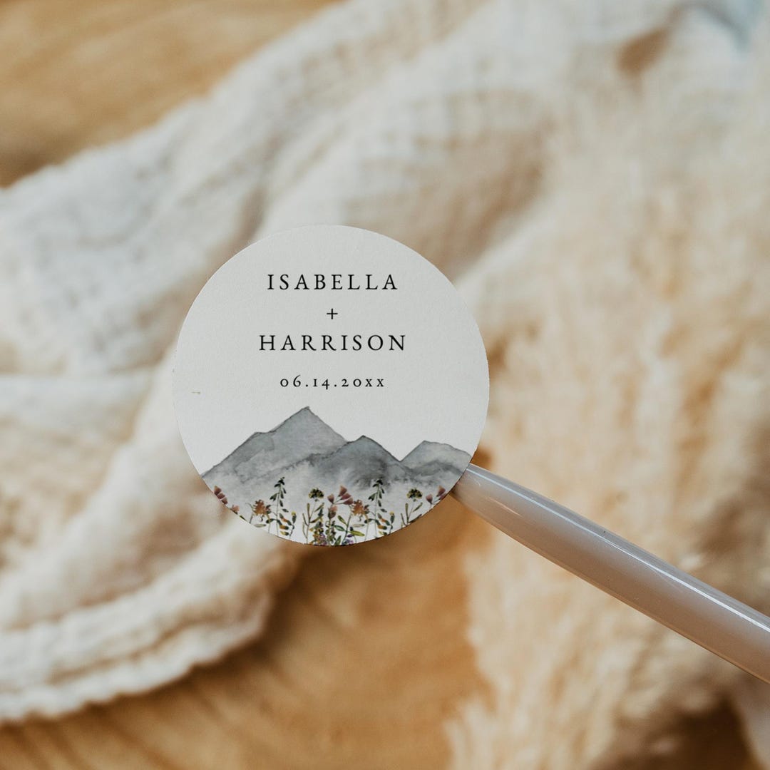 Mountain Wedding Round Sticker Template, Round Favor Tag Printable ...