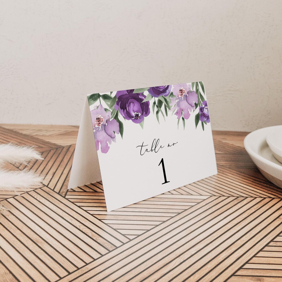 Purple Floral Table Number Template, Wedding Table Numbers, Lavender ...