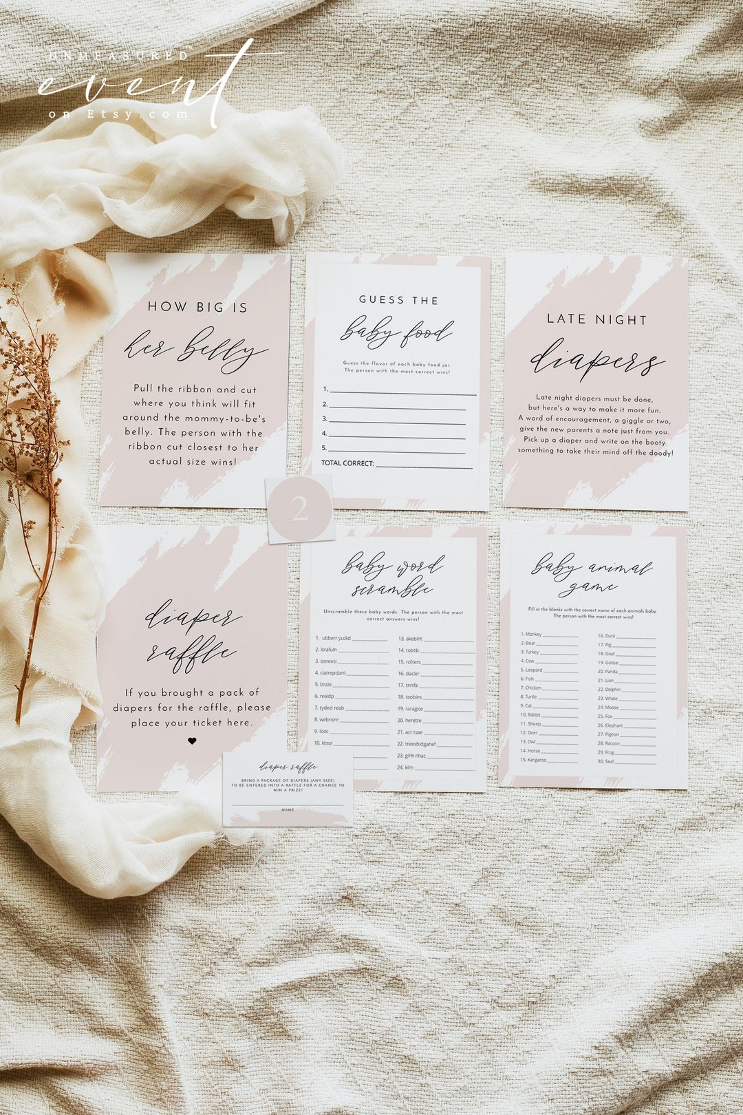 GRETCHEN Baby Shower Game Bundle Templates, Blush Splash Baby Shower ...