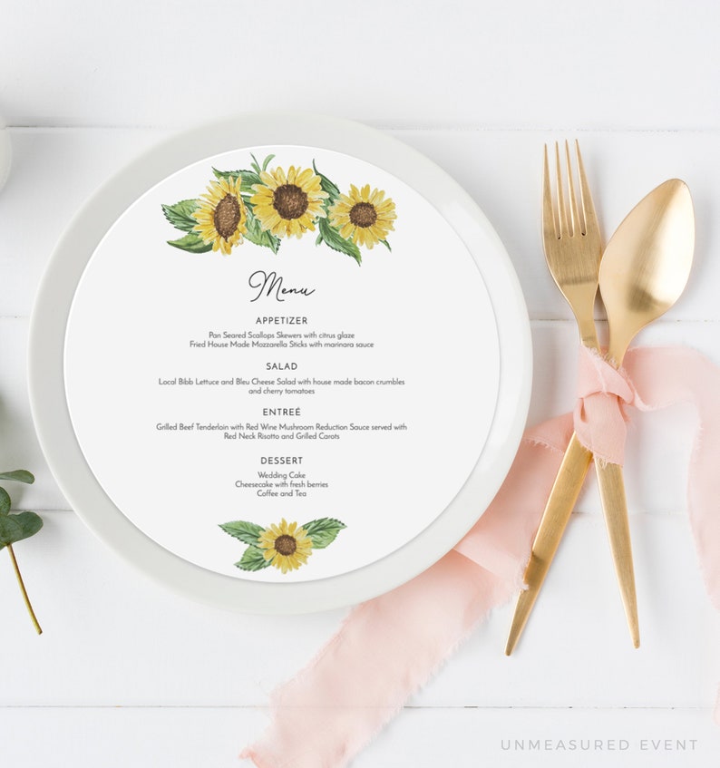 EMMA Sunflower Menu Card Template, Round Menu for Wedding, Sunflower ...