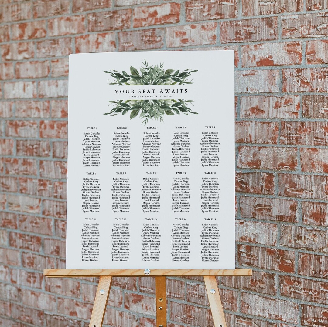Greenery Seating Chart Template, Greenery Wedding Seating Chart, Your ...