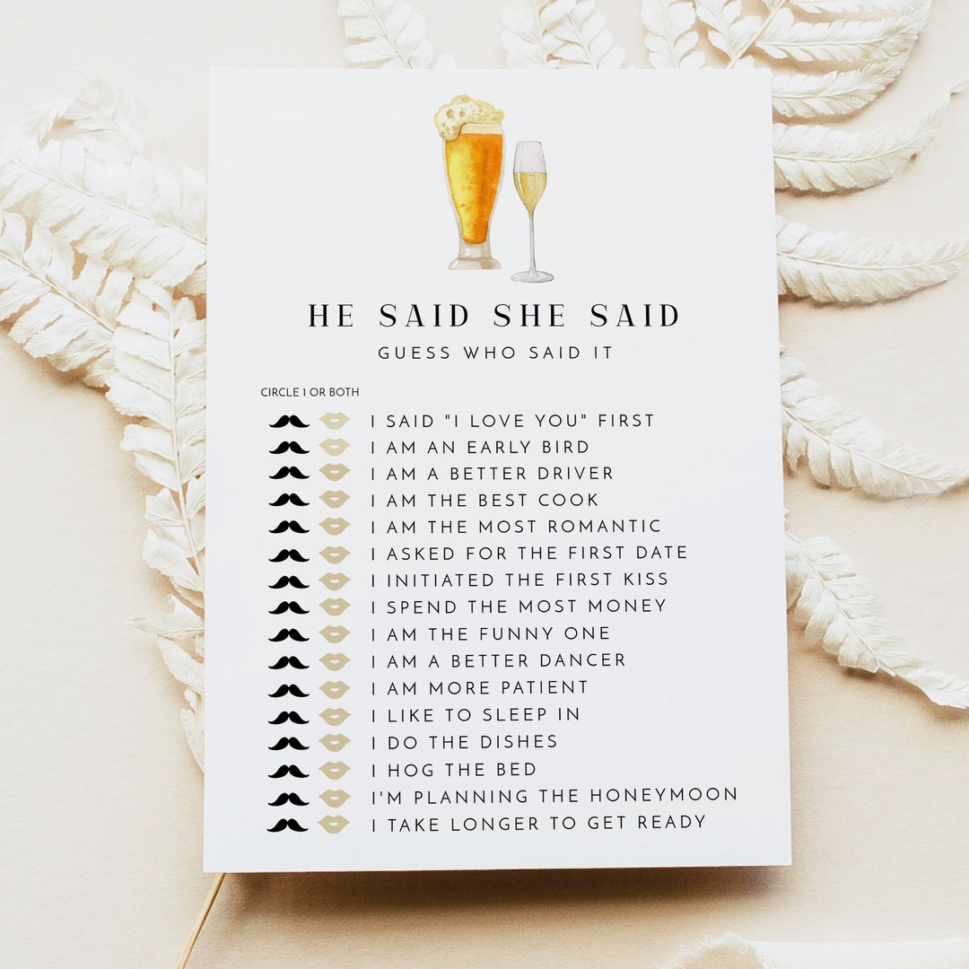 CHARLIE PRINTED + SHIPPED He Said She Said Bridal Shower Game, Couples ...