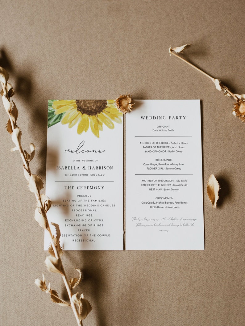 EMMA Sunflower Wedding Program Template Rustic Wedding - Etsy