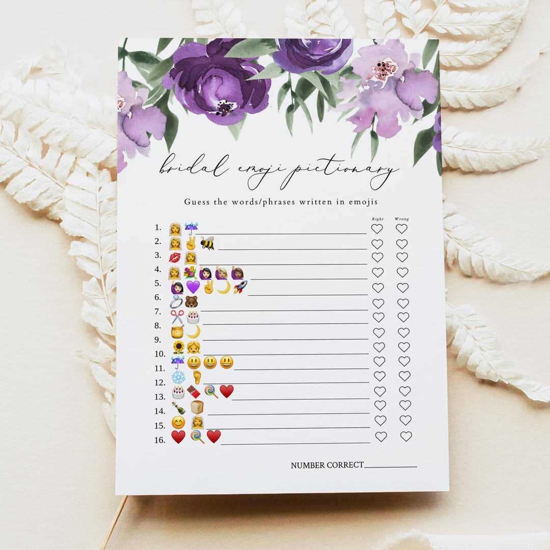 LILAH Purple Floral Emoji Pictionary Bridal Shower Game Template ...