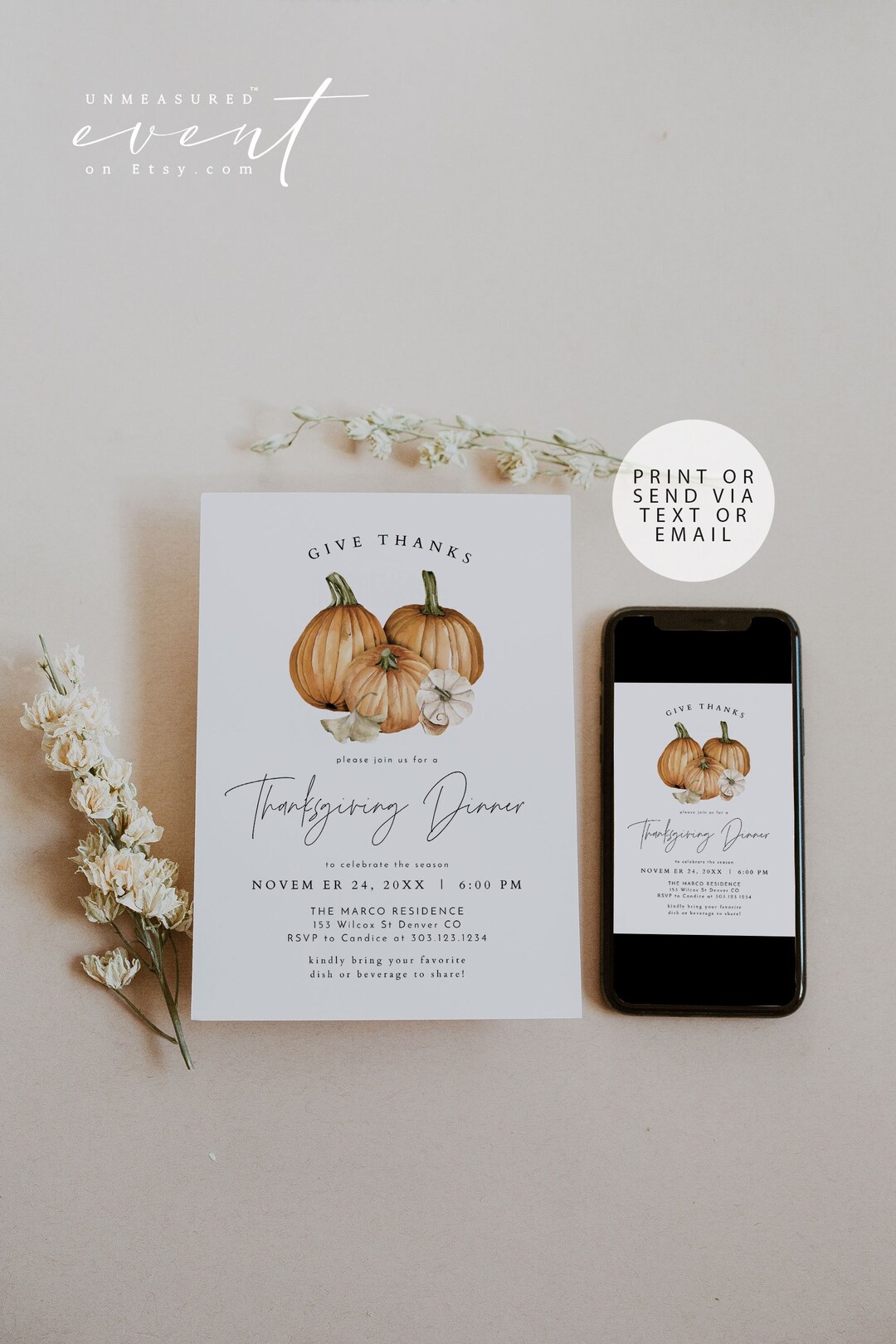 Minimalist Thanksgiving Invitation Template, Modern Digital ...