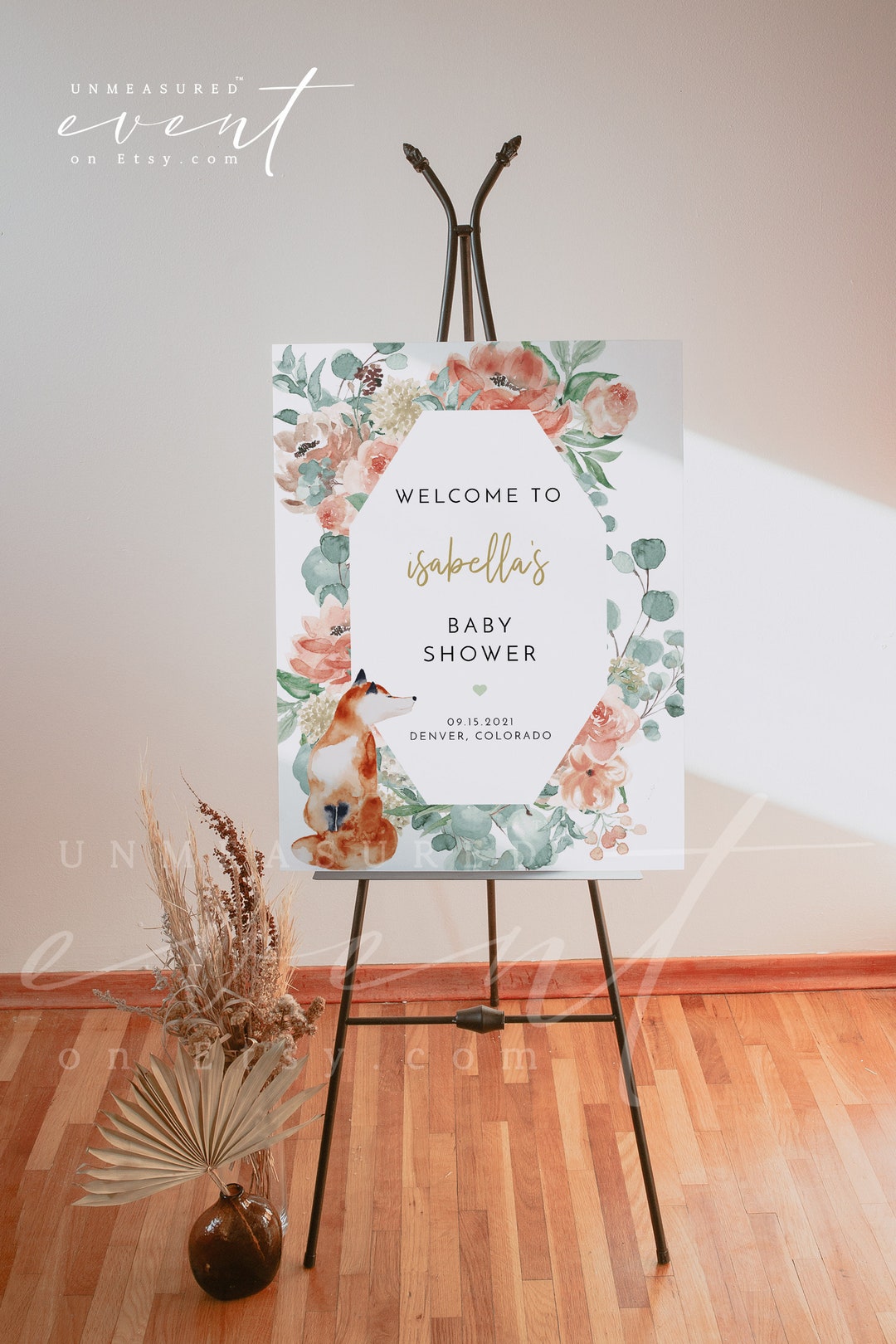 VERA Fox Baby Shower Welcome Sign Template, Pastel Floral Baby Shower ...