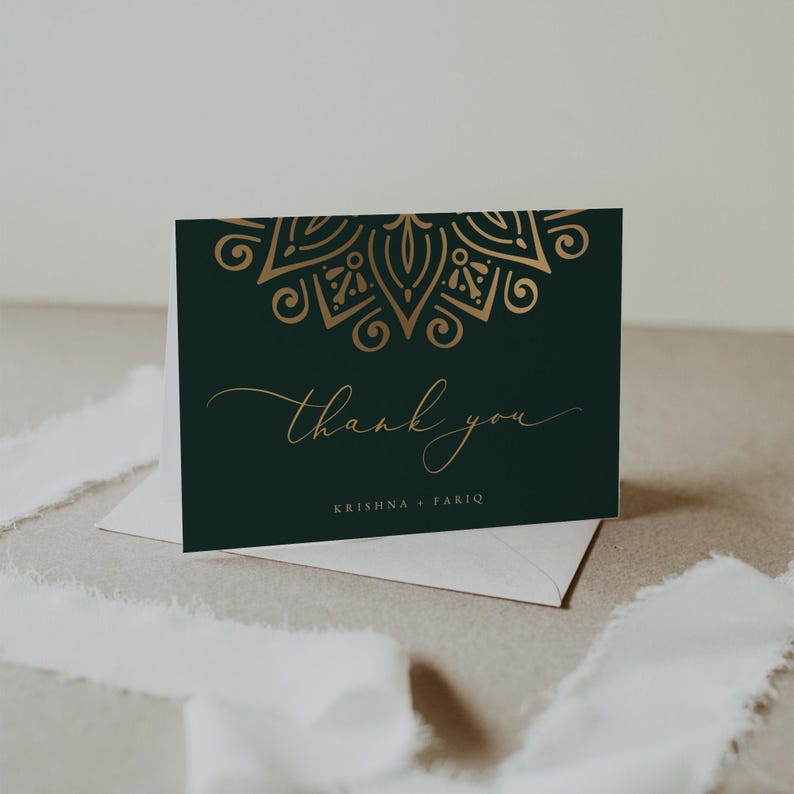 Green and Gold Mandala Thank You Card Template, Indian Wedding Thank ...