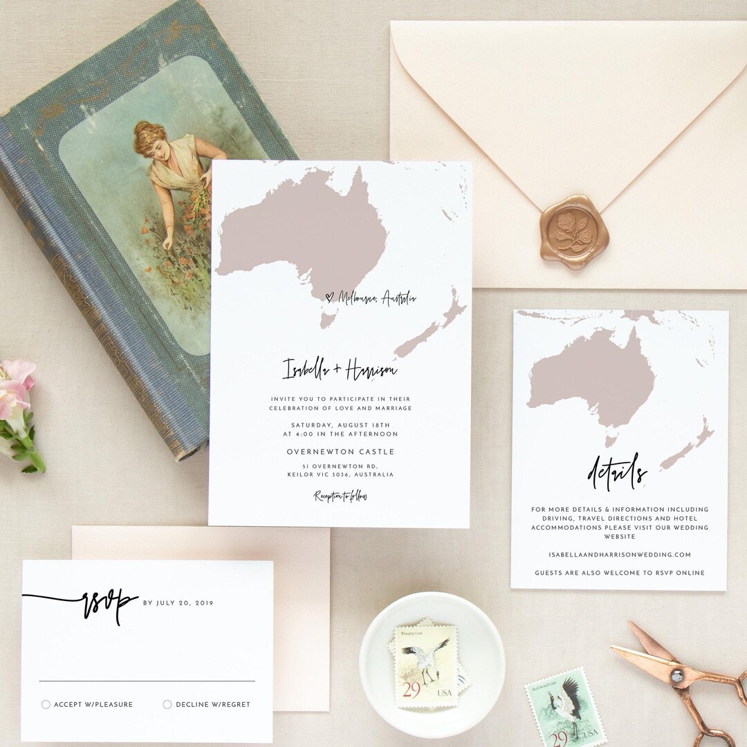 Blush Oceania Wedding Invitation Template Set, Australia Map Wedding ...