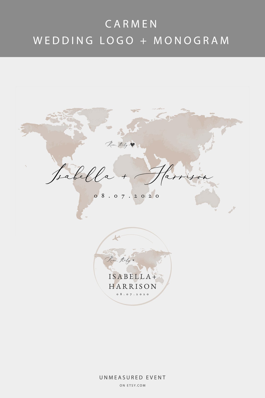 Destination Wedding Logo and Monogram Template Set, Travel Wedding Logo ...