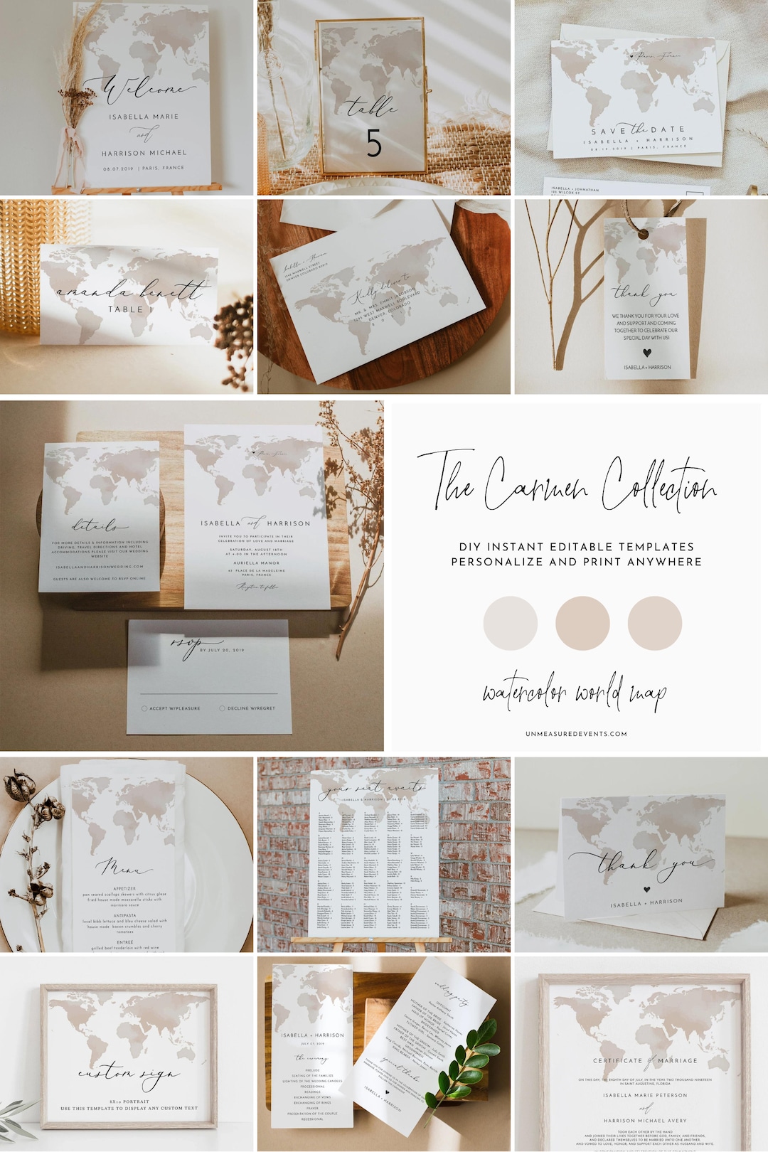 Watercolor Map Wedding Invitation Template Bundle, Travel Wedding ...