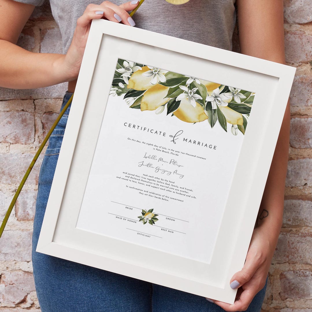 Lemon Wedding Marriage Certificate Template, Citrus Wedding Certificate ...
