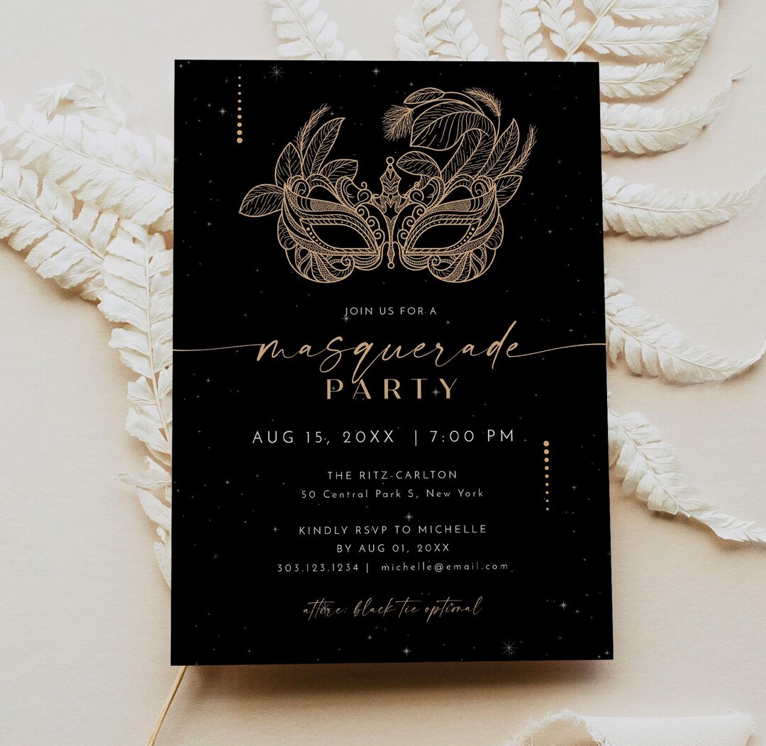 CELINE Masquerade Party Invitation Template, Gold Mask Invitation ...