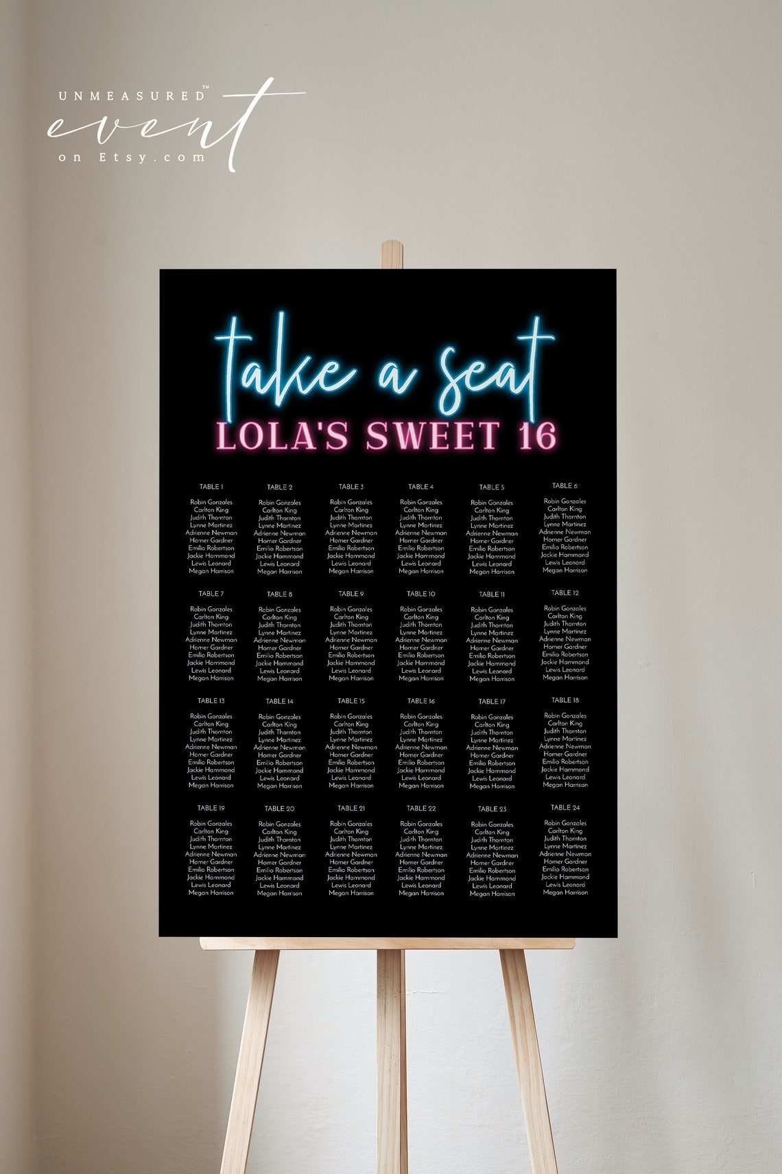LOLA Neon Seating Chart Template Glow Party Seating Chart - Etsy