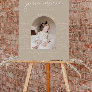 INDIE Boho Photo First Birthday Milestone Board Template, Beige ...