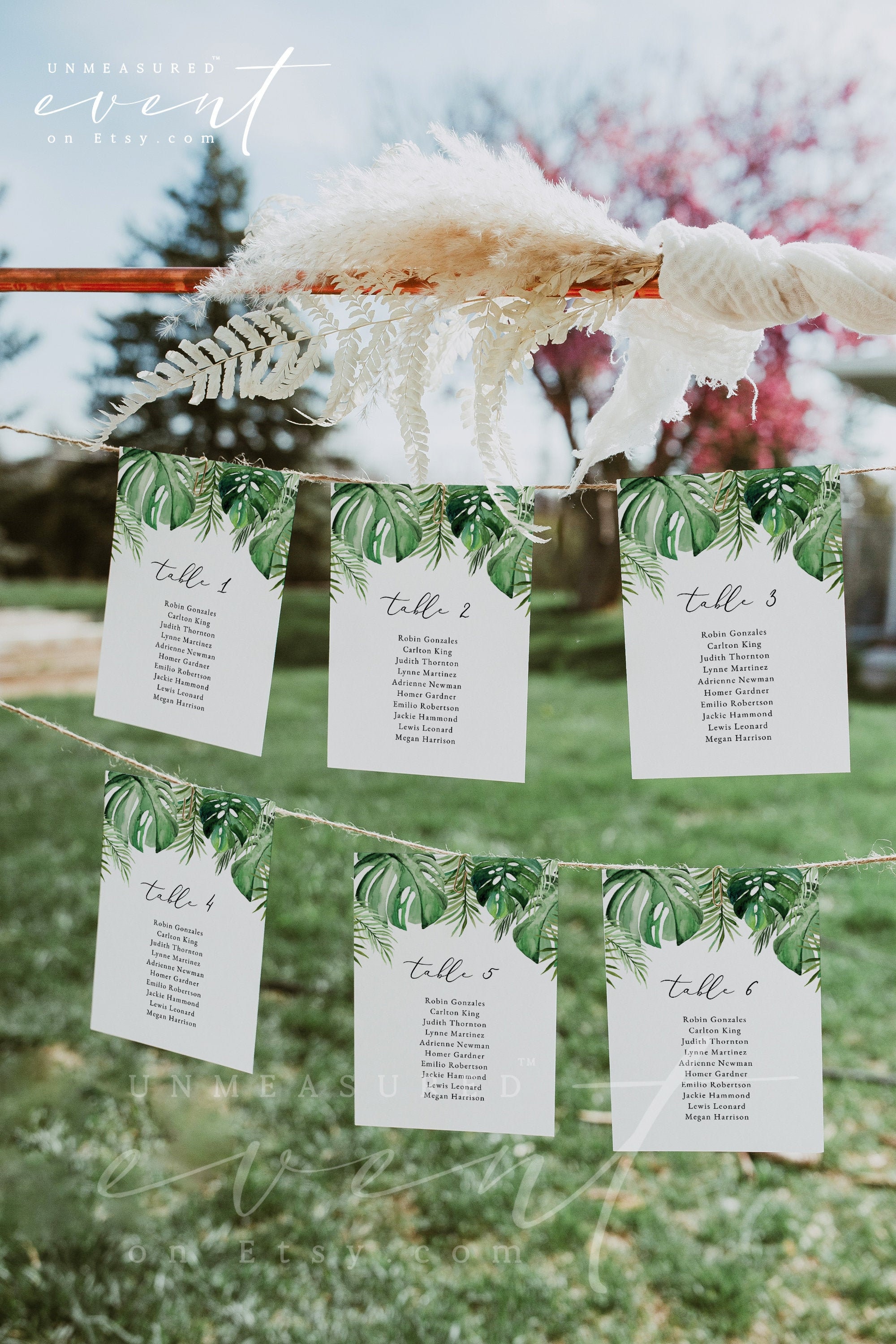 CORA Tropical Wedding Seating Chart Card Template, Palm Leaf Wedding ...