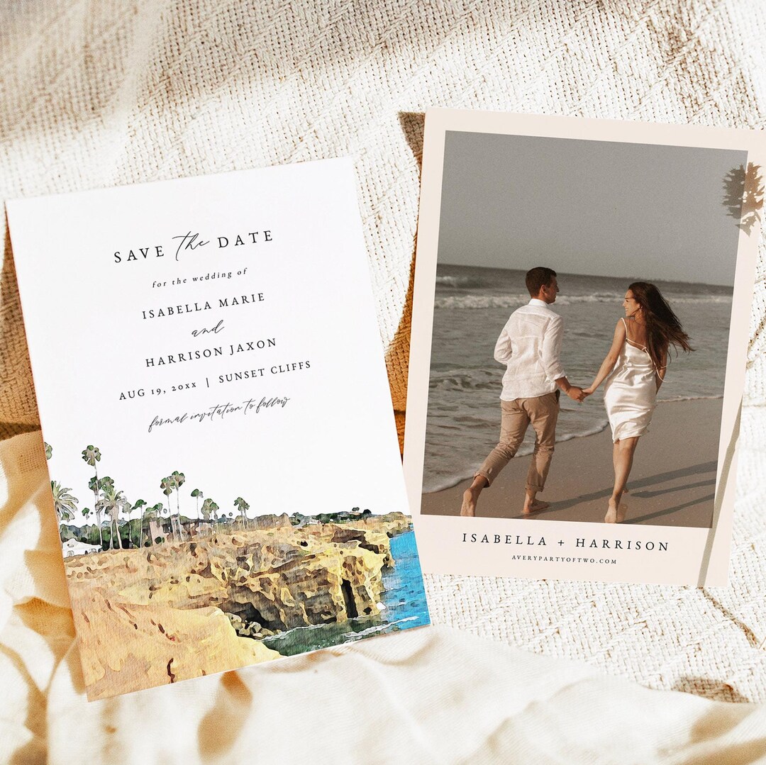SUNSET CLIFFS Save the Date Template, San Diego Save the Date Postcard ...