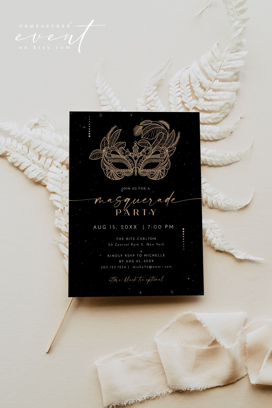CELINE Masquerade Party Invitation Template, Gold Mask Invitation ...