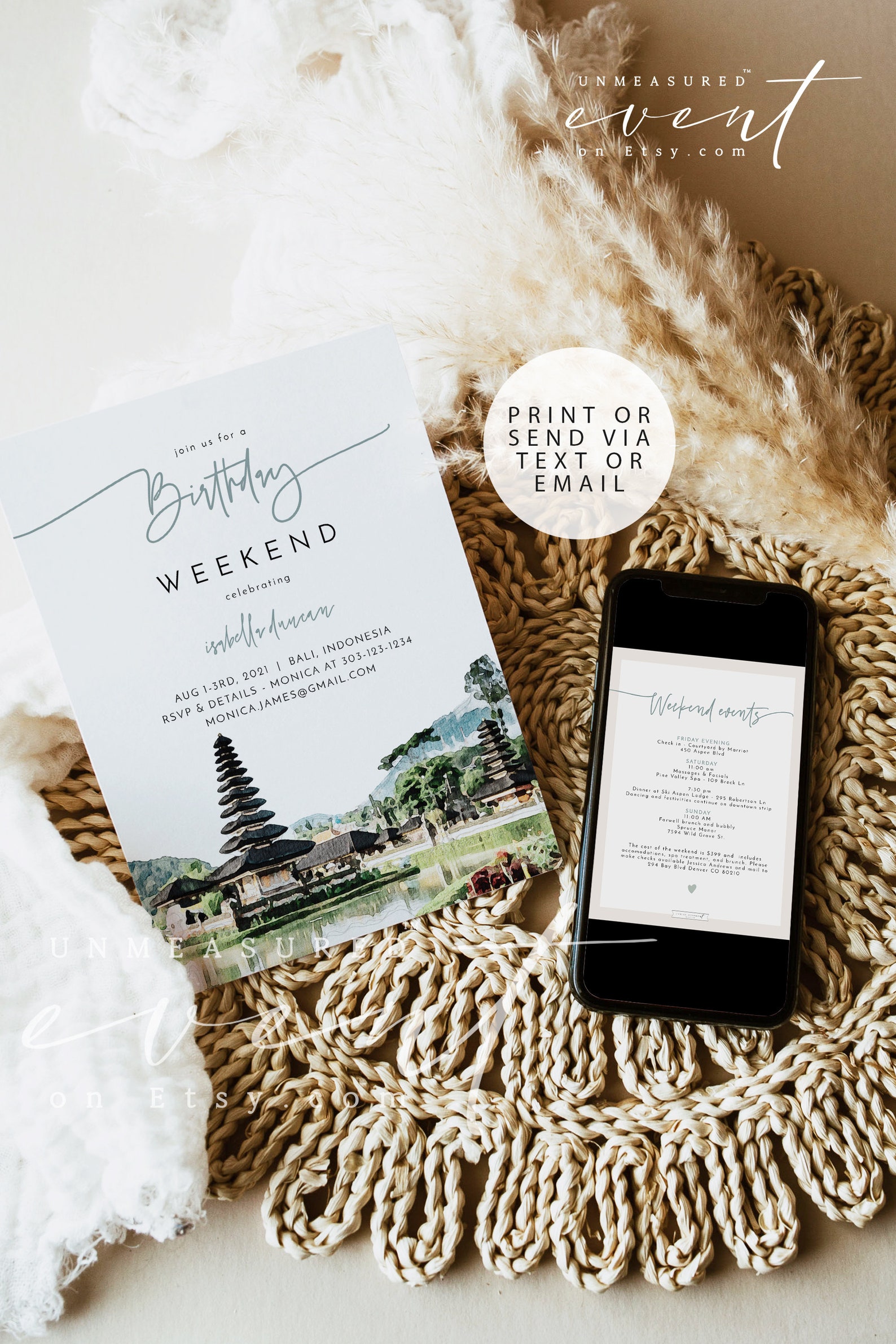 BALI Birthday Invitation & Itinerary Template Watercolor Bali | Etsy