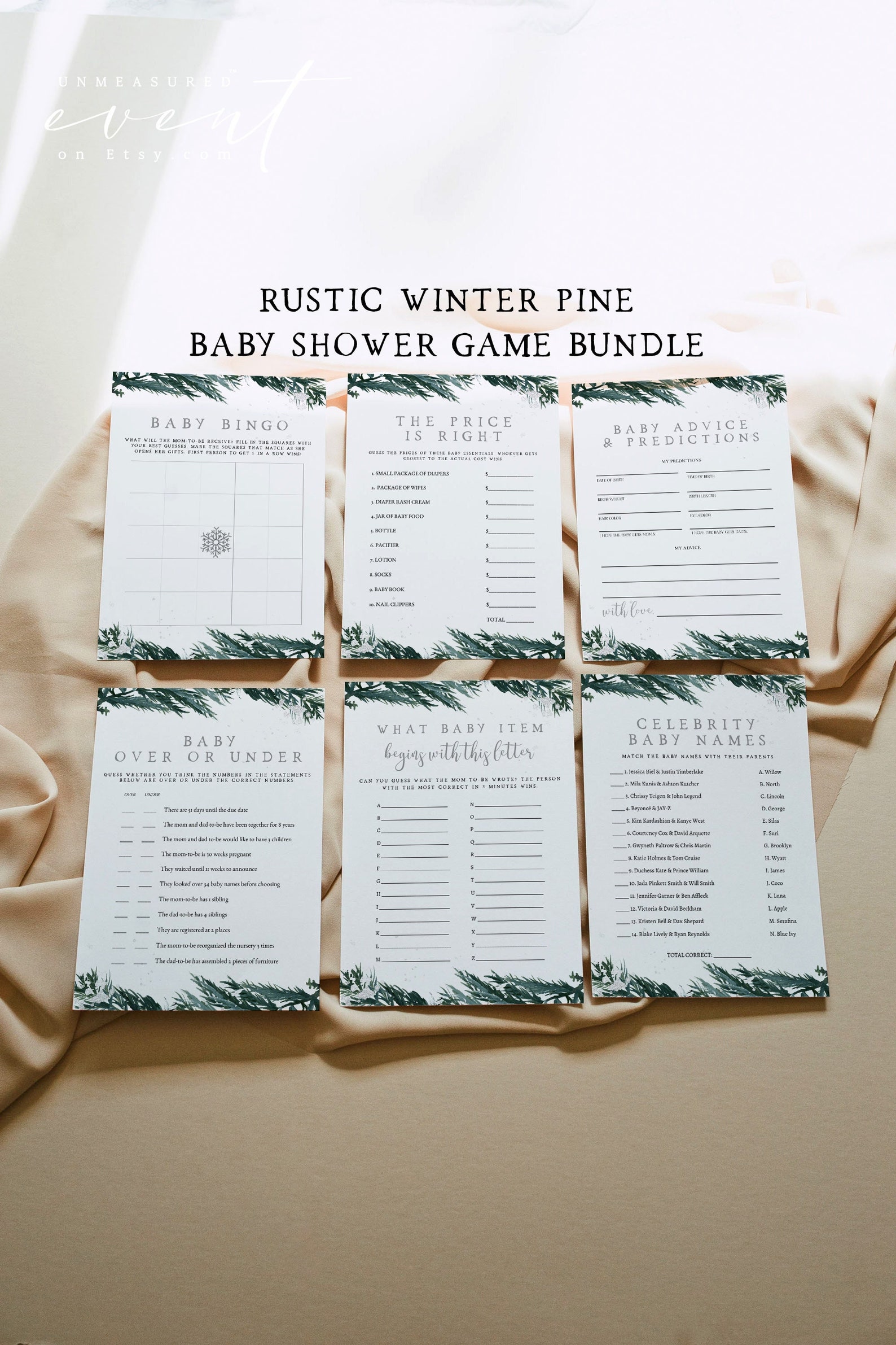 RORY Rustic Winter Pine Baby Shower Game Template Bundle Baby It's Cold ...