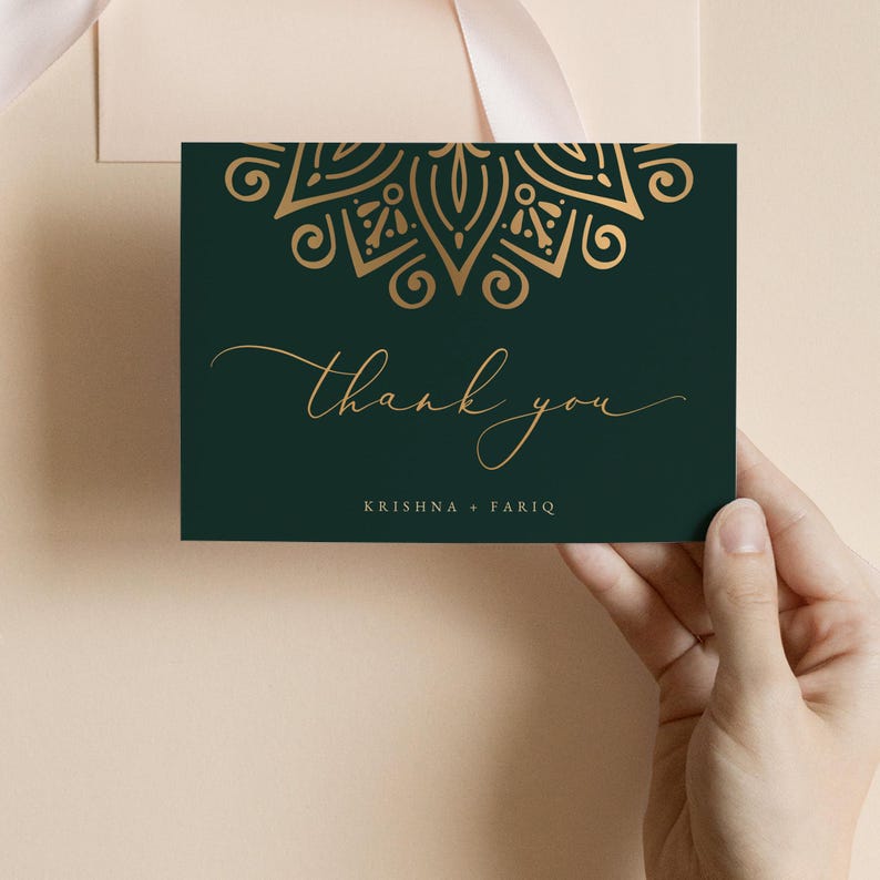 Green and Gold Mandala Thank You Card Template, Indian Wedding Thank ...