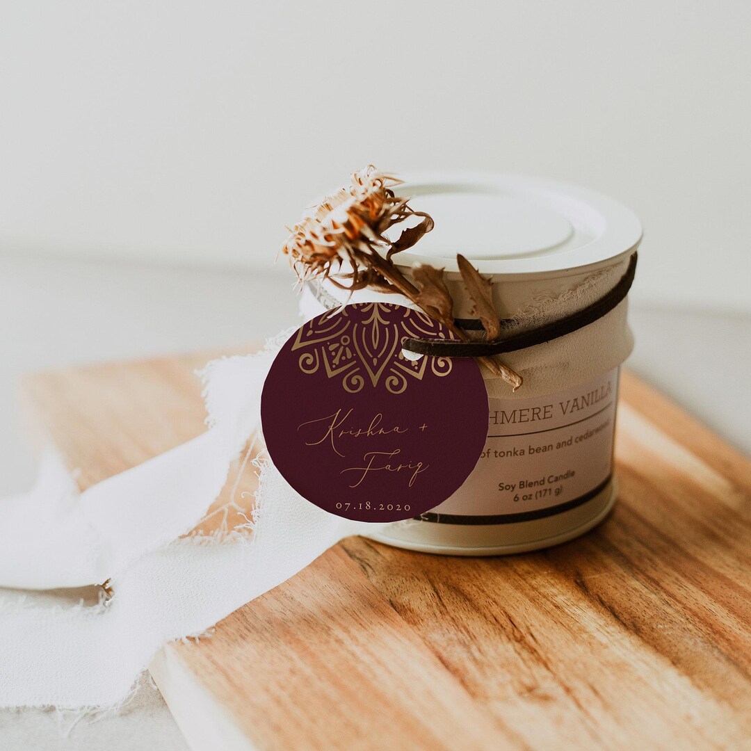 Mandala Wedding Round Favor Tag Template, Burgundy and Gold Favor Tag ...