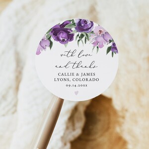 Purple Floral Round Favor Tag Template, Round or Square Printable Thank ...