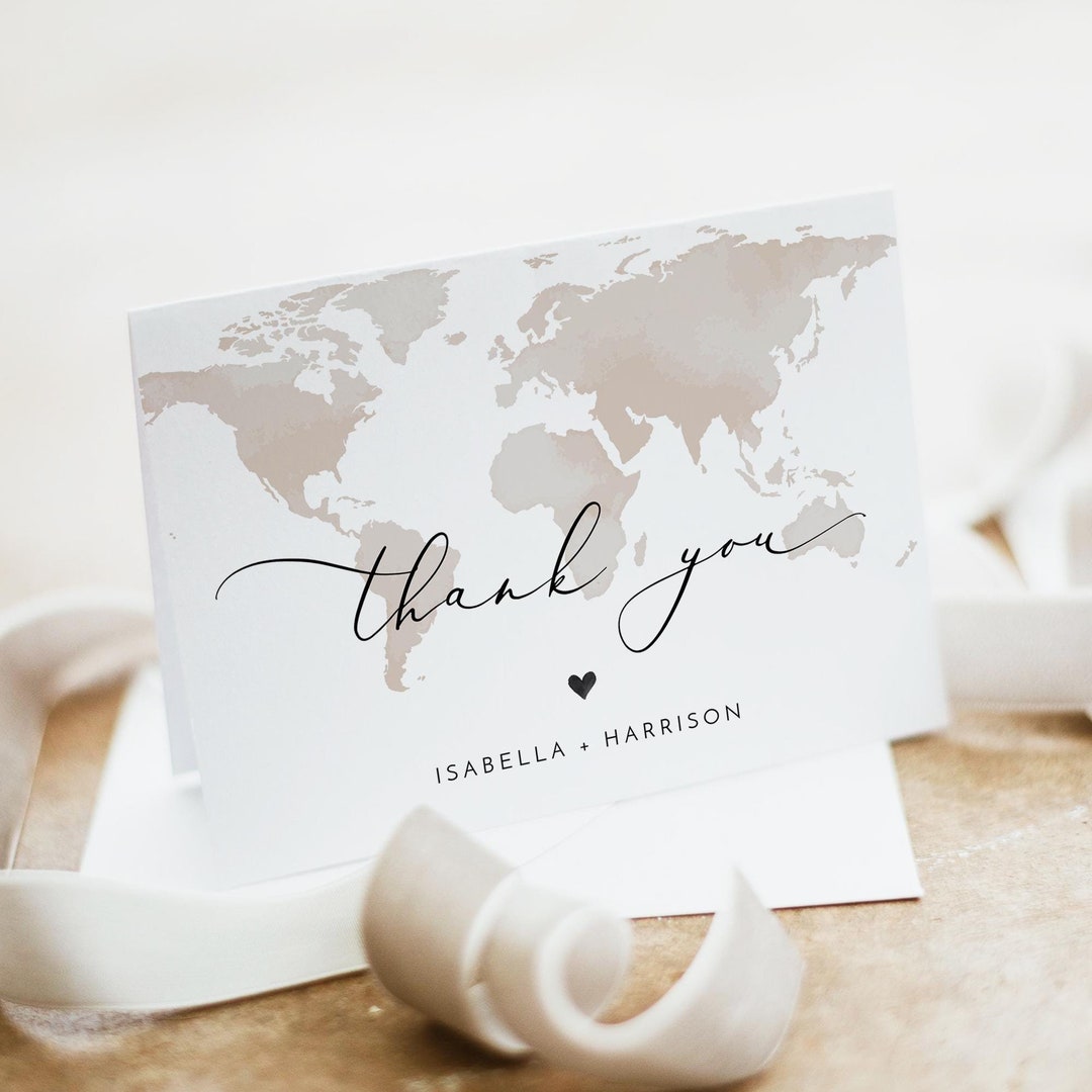 Watercolor Map Thank You Card Template, Destination Wedding Thank You ...